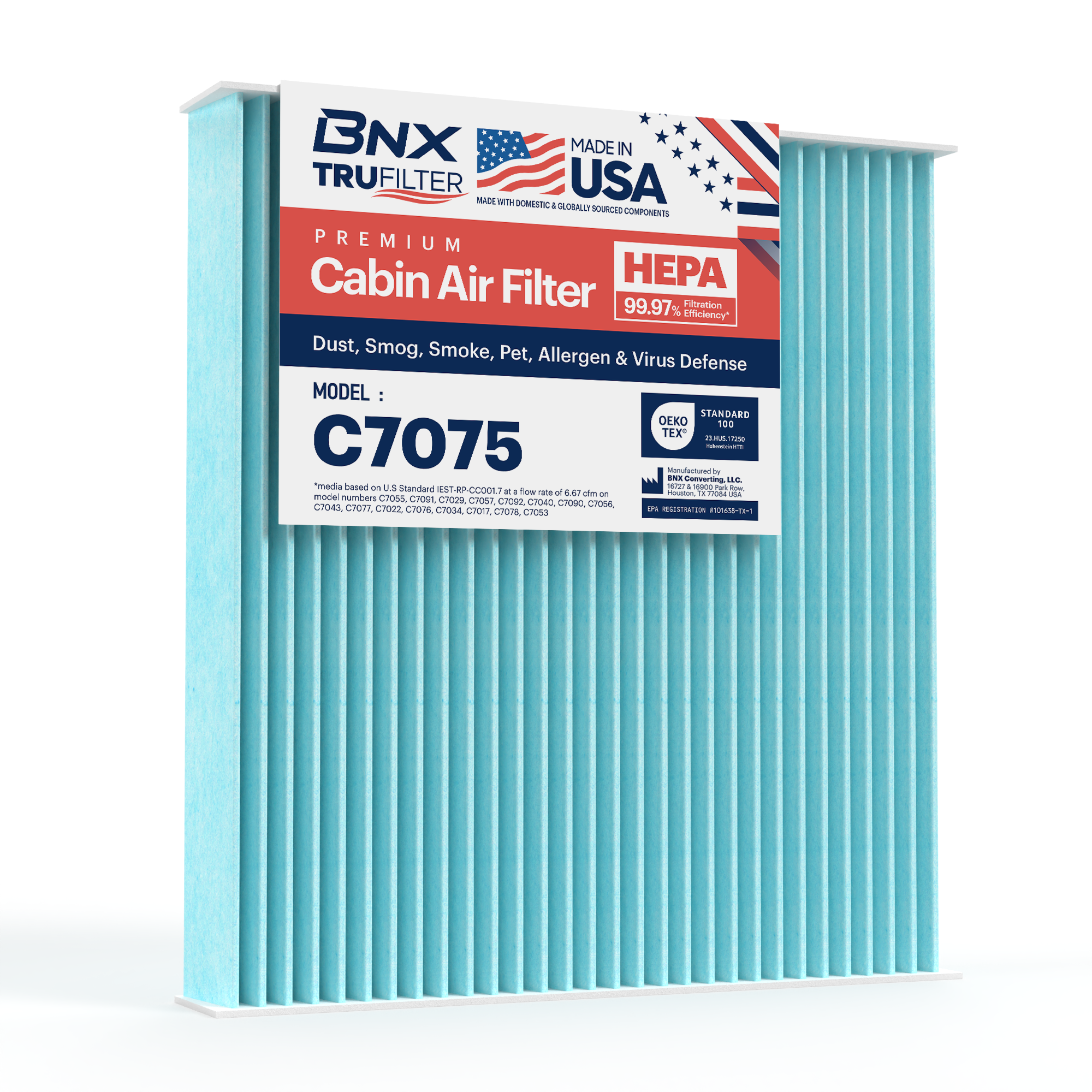 BNX TruFilter C7075 Cabin Air Filter, HEPA 99.97%, MADE IN USA, Compat ...